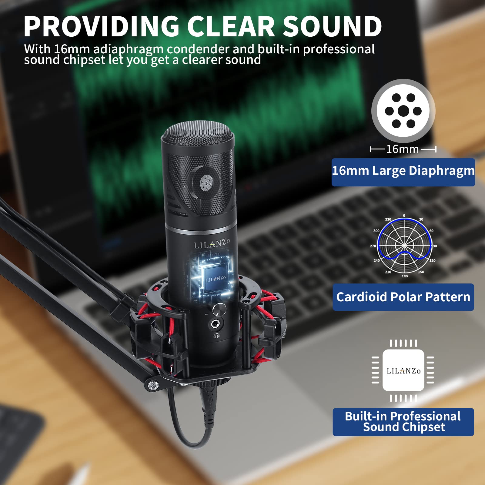 Gaming USB Microphone for PC, Noise Cancellation Condenser Mic with Boom Arm, Mute, Gain, Echo, Monitoring, Sound Optimization, Podcast Mic for Streaming, PS4/5, Twitch, YouTube, TikTOK (Black)