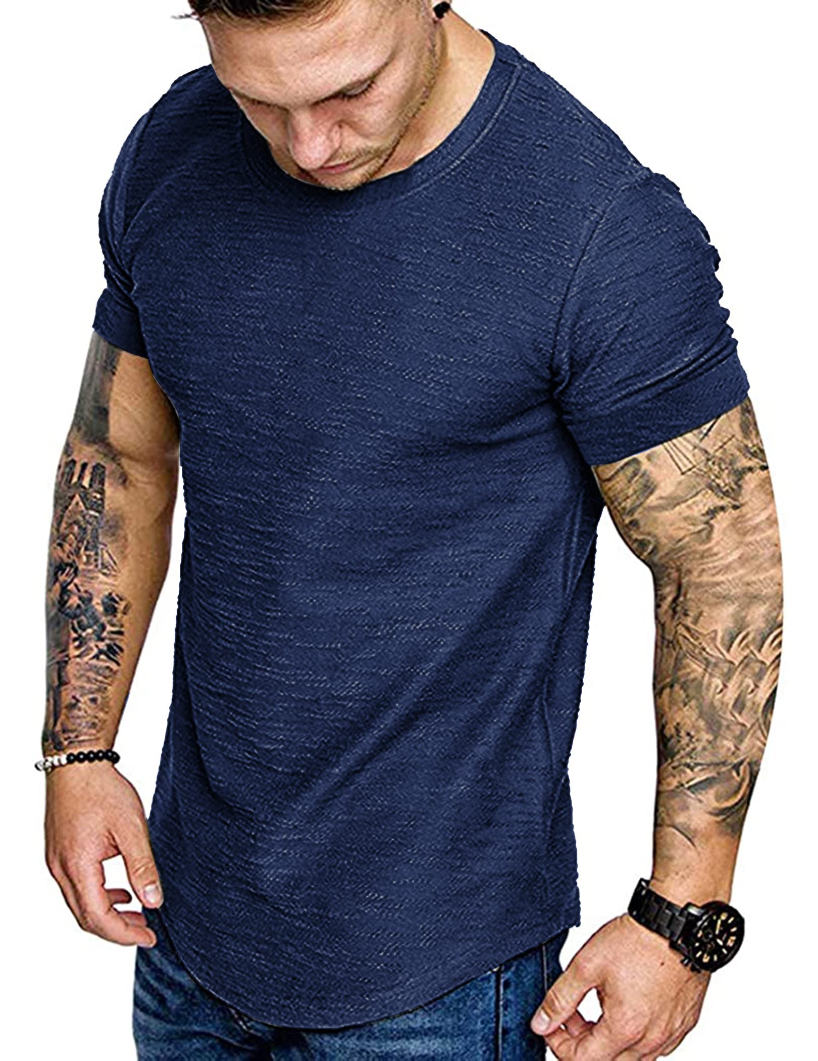 COOFANDY Men's Muscle Athletic T Shirts Gym Fitted Hipster Short Sleeve Tee Top Navy Blue