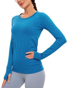 crz yoga women's seamless athletic long sleeves sports running shirt breathable gym workout top super-sonic blue x-small