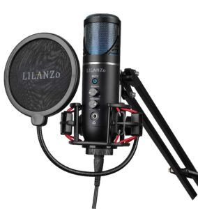 gaming usb microphone for pc, noise cancellation condenser mic with boom arm, mute, gain, echo, monitoring, sound optimization, podcast mic for streaming, ps4/5, twitch, youtube, tiktok (black)