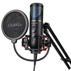 Gaming USB Microphone for PC, Noise Cancellation Condenser Mic with Boom Arm, Mute, Gain, Echo, Monitoring, Sound Optimization, Podcast Mic for Streaming, PS4/5, Twitch, YouTube, TikTOK (Black)