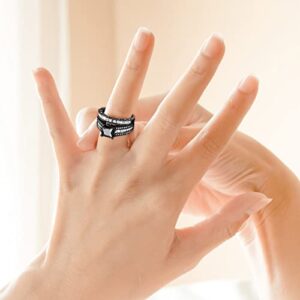 Small Ring Set 2 in 1 Womens Vintage Black Ring Diamond Engagement Wedding Band Ring Set Hi and Low Ring (Black, 11)