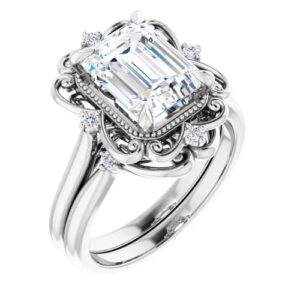 2 ct emerald cut vvs1 colorless moissanite engagement ring set, wedding/bridal ring set, sterling silver vintage antique anniversary promise ring set gift for her (8.5)