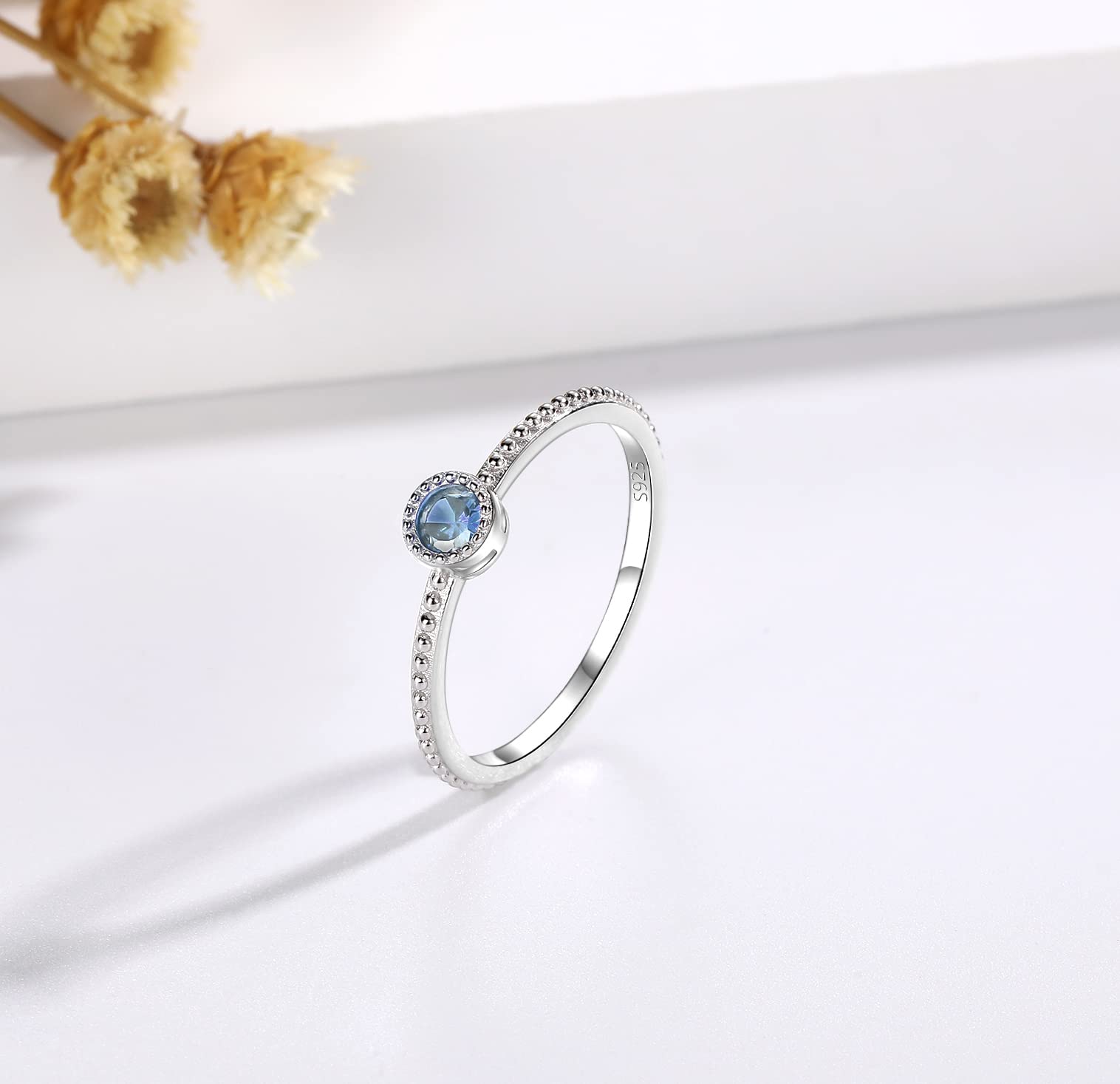 March Birthstone Stacking Rings for Women S925 Sterling Silver, Blue Stackable Ring Knuckle Ring Promise Band Size 8 for Friends, Christmas Anniversary Birthday Gifts Jewelry