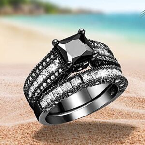 Small Ring Set 2 in 1 Womens Vintage Black Ring Diamond Engagement Wedding Band Ring Set Hi and Low Ring (Black, 11)