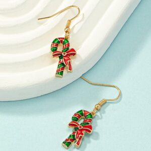 Fashion Christmas Candy Cane Drop Dangle Earrings 14K Gold Plated Red Bow Knot Fish Hook Hoops Earring Cute Xmas Holiday Party Decoration Supplies Jewelry Gifts for Women Teen Girls Accessories