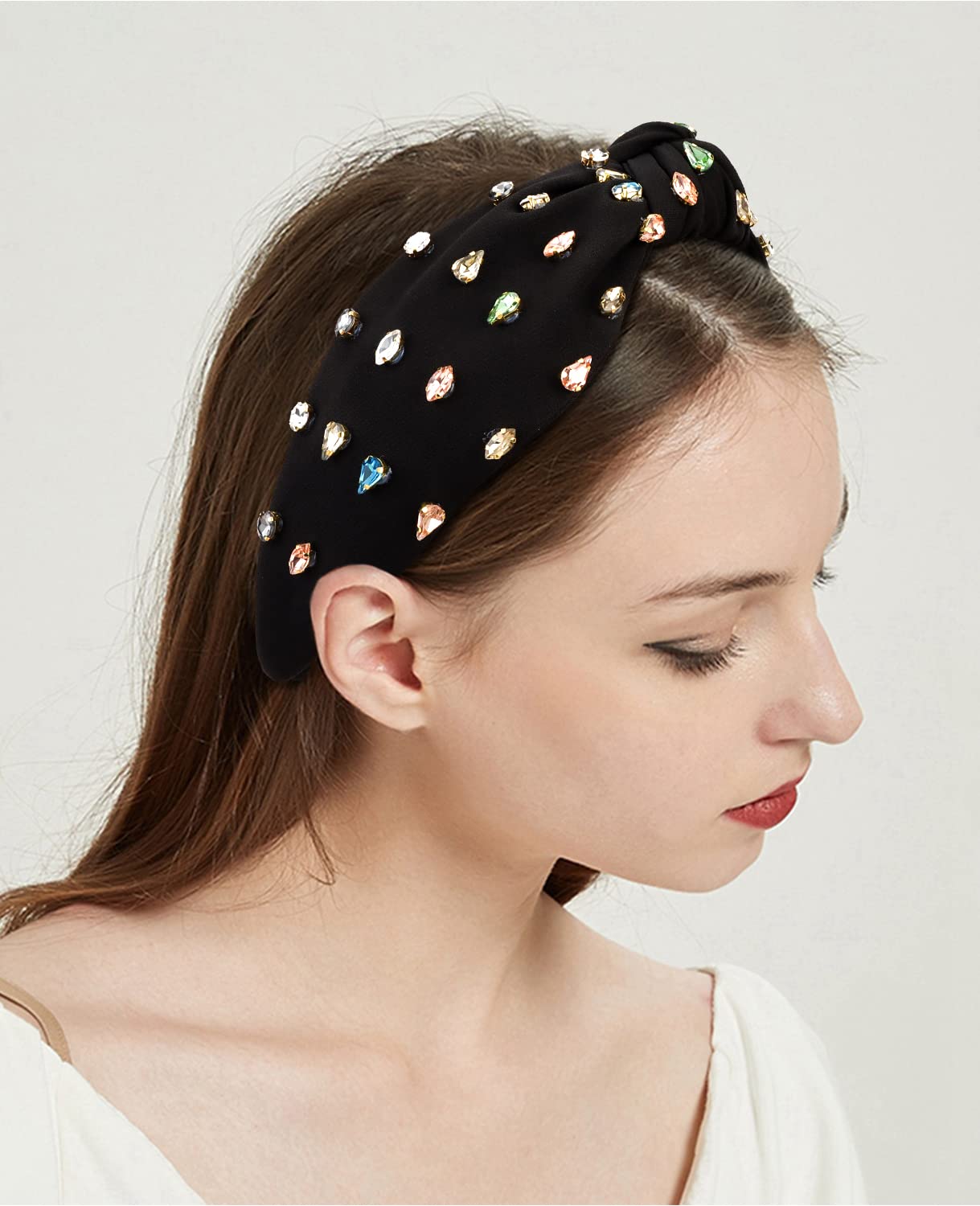 Wecoe 1pc Black Rhinestone Headband Top Knotted Headband For Women Girls Wide Headbands Non Slip Fashion Cloth Sparkly Jeweled Beaded Embellished Headband Homecoming Hair Accessories For Women Girls