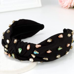 Wecoe 1pc Black Rhinestone Headband Top Knotted Headband For Women Girls Wide Headbands Non Slip Fashion Cloth Sparkly Jeweled Beaded Embellished Headband Homecoming Hair Accessories For Women Girls