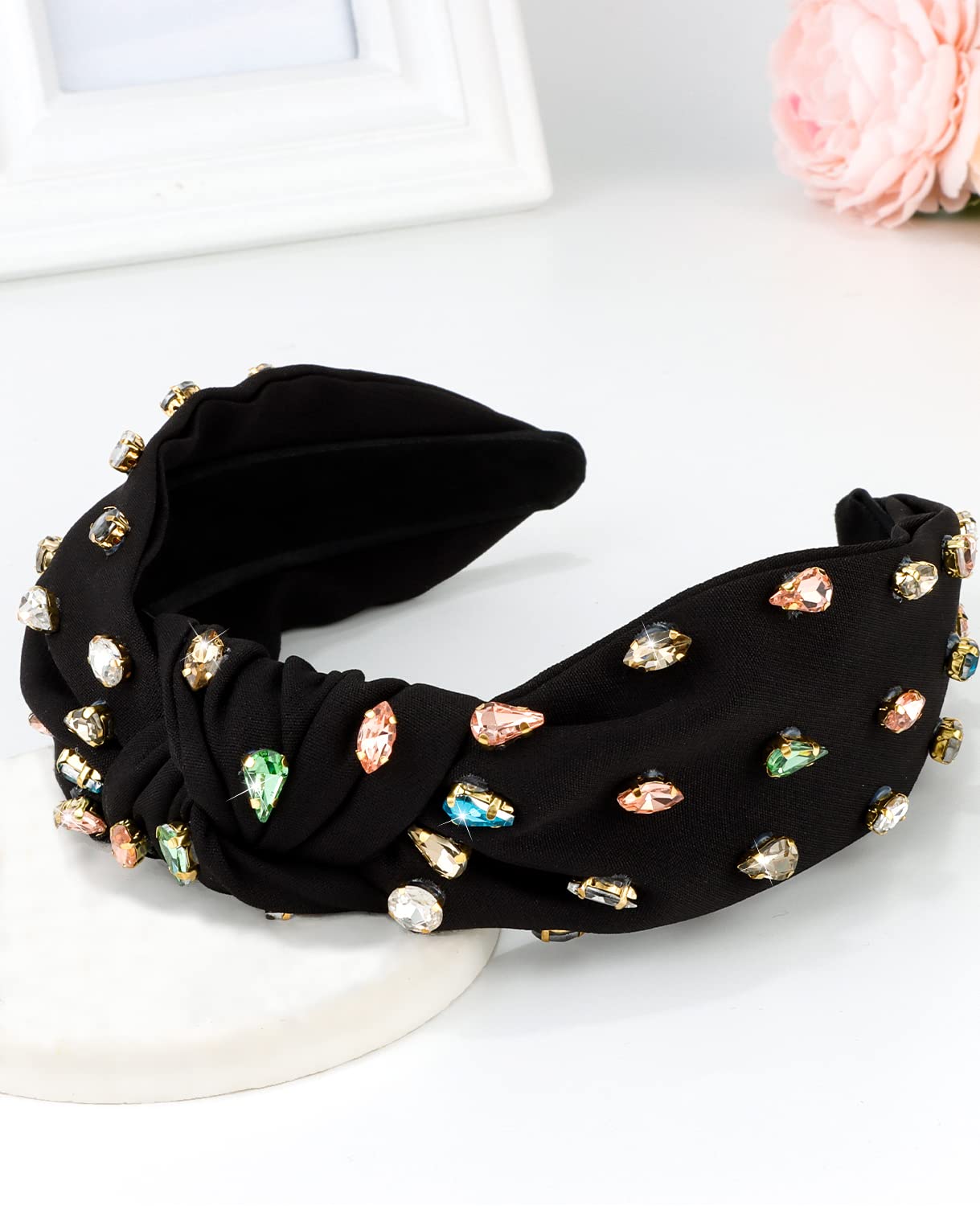 Wecoe 1pc Black Rhinestone Headband Top Knotted Headband For Women Girls Wide Headbands Non Slip Fashion Cloth Sparkly Jeweled Beaded Embellished Headband Homecoming Hair Accessories For Women Girls