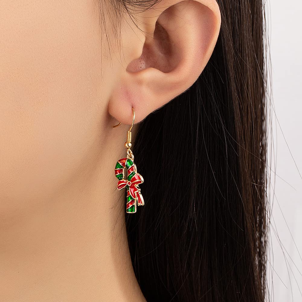 Fashion Christmas Candy Cane Drop Dangle Earrings 14K Gold Plated Red Bow Knot Fish Hook Hoops Earring Cute Xmas Holiday Party Decoration Supplies Jewelry Gifts for Women Teen Girls Accessories