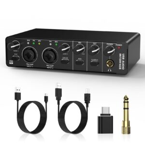 audio interface, rhm 2 in 2 out usb audio interface with 48v phantom power for recording, professional audio mixer & mic preamplifier xlr/tsr/ts ports for guitarist, vocalist, podcaster or producer