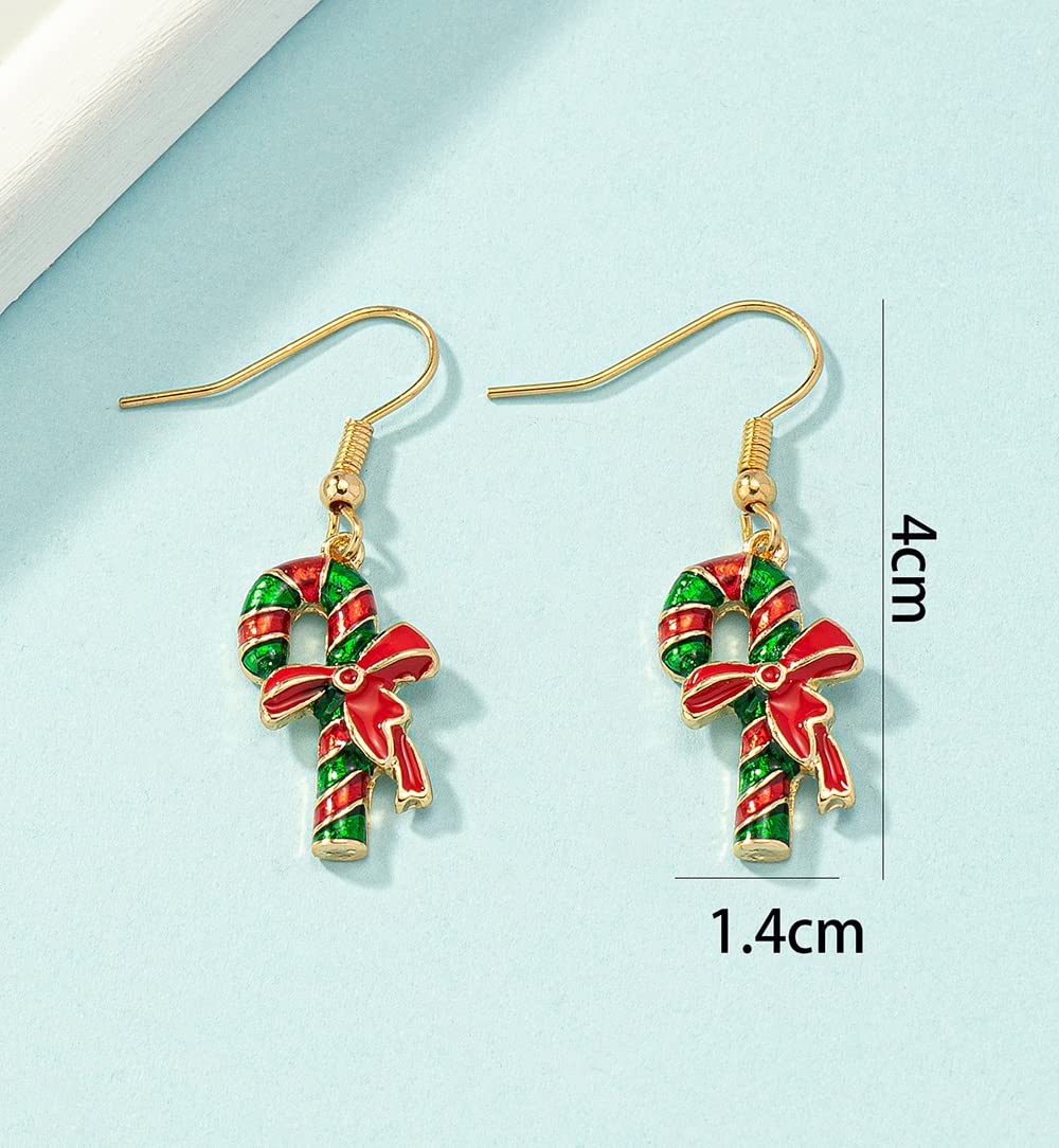 Fashion Christmas Candy Cane Drop Dangle Earrings 14K Gold Plated Red Bow Knot Fish Hook Hoops Earring Cute Xmas Holiday Party Decoration Supplies Jewelry Gifts for Women Teen Girls Accessories