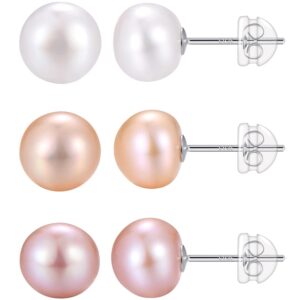 3 pairs 9mm aaa+ handpicked freshwater cultured pearl stud earrings in sterling silver, white/pink/light-pruple pearl stud earrings set for women multipack