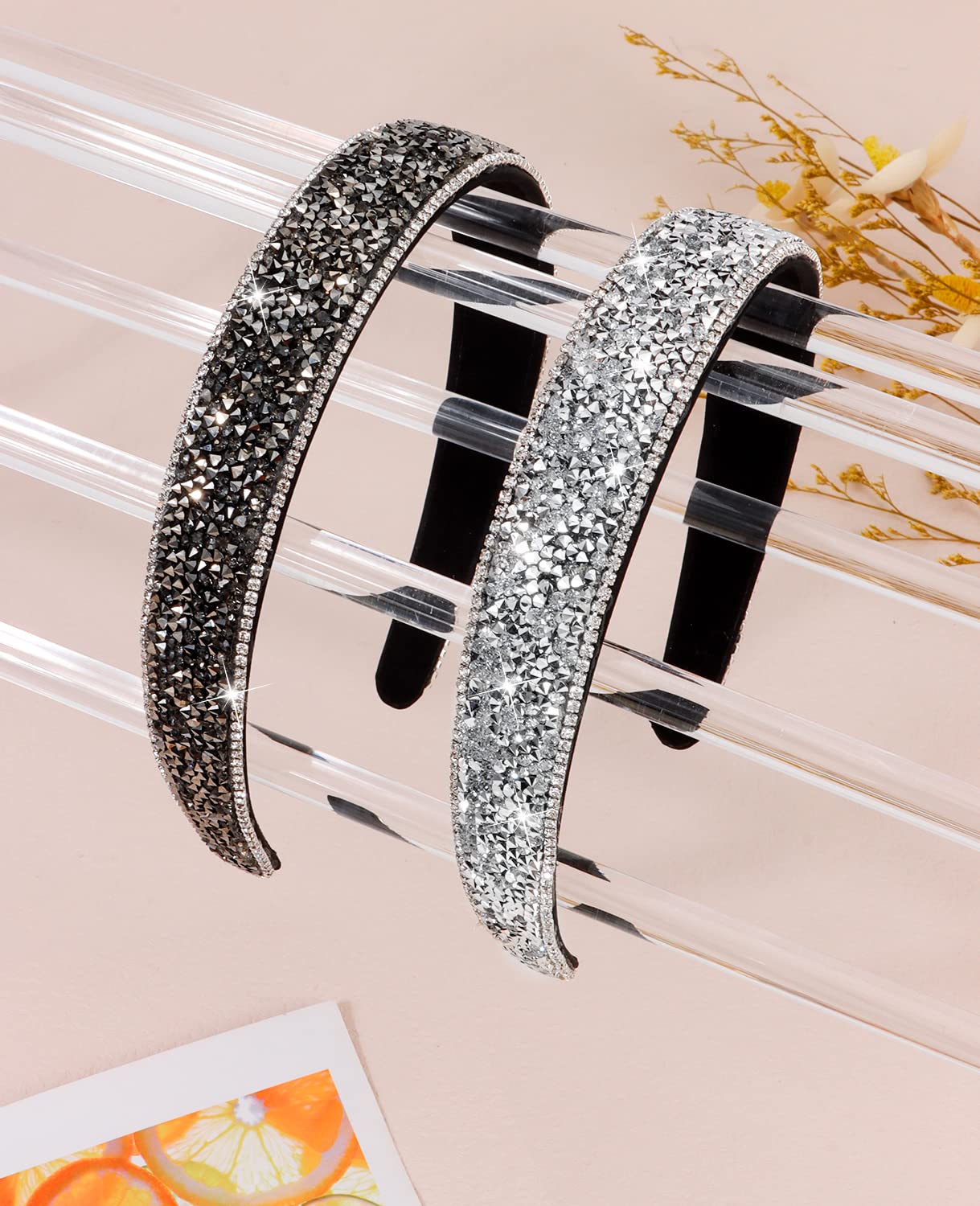 Wecoe 2 Pack Rhinestone Headbands Women Black Silver Headband Wide Headbands For Women Non Slip Fashion Bling Sparkly Diamond Holiday Headband Birthday Wedding Bridal Hair Accessories For Women Girls