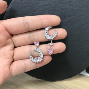 UniLogue Star Moon Stud Earrings with Zircons Inlaid, Curvy Moon Stud Earrings with Pink Zircon Gemstones Inlaid Heart Drop Earrings Minimalist Common Luxury Asymmetrical Style Gift for Women