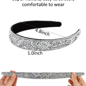 Wecoe 2 Pack Rhinestone Headbands Women Black Silver Headband Wide Headbands For Women Non Slip Fashion Bling Sparkly Diamond Holiday Headband Birthday Wedding Bridal Hair Accessories For Women Girls