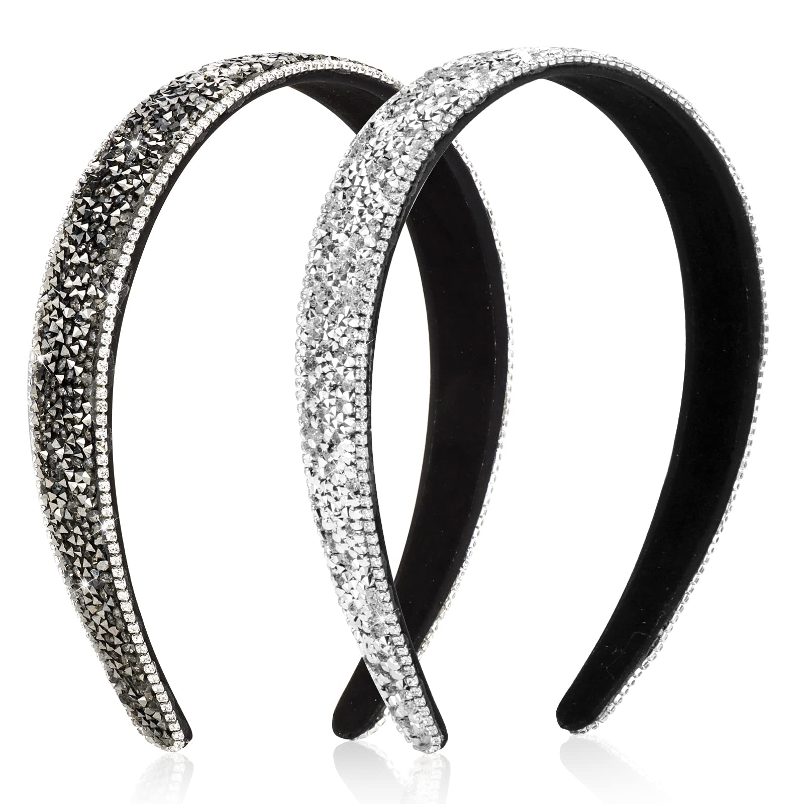 Wecoe 2 Pack Rhinestone Headbands Women Black Silver Headband Wide Headbands For Women Non Slip Fashion Bling Sparkly Diamond Holiday Headband Birthday Wedding Bridal Hair Accessories For Women Girls