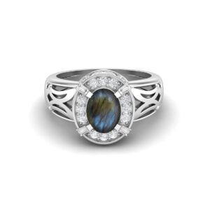 MOONEYE 8x6mm Natural Oval Shape Labradorite 925 Sterling Silver Filigree Celtic Solitaire Women Ring (Sterling Silver, 5)