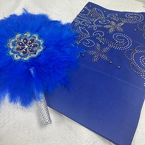 Msbfea Blue Feather Fan with ASO Oke Headtie Matching for Ladies Wedding Party Nigerian Style Fan Design African - ASO Fan Color 198