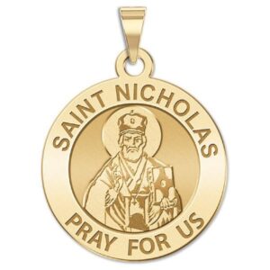 picturesongold.com saint nicholas religious medal exclusive - 14k yellow gold - 2/3 x 2/3 inch size of dime - protection jewelry christian gifts for men & women