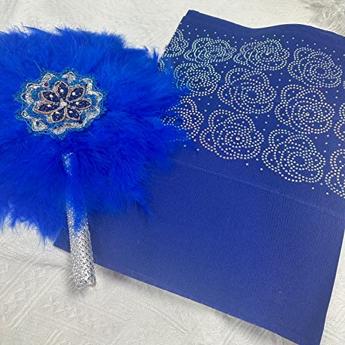 Msbfea Blue Feather Fan with ASO Oke Headtie Matching for Ladies Wedding Party Nigerian Style Fan Design African - ASO Fan Color 198