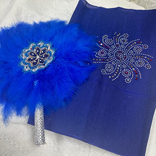 Msbfea Blue Feather Fan with ASO Oke Headtie Matching for Ladies Wedding Party Nigerian Style Fan Design African - ASO Fan Color 198