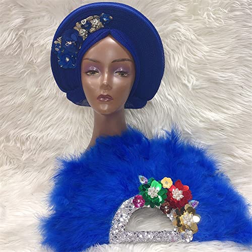 Msbfea Feather Fan Big Size African White Feather with Autogele Headtie Turban Cap Matching 1headtie+1fan Color 311