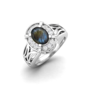 MOONEYE 8x6mm Natural Oval Shape Labradorite 925 Sterling Silver Filigree Celtic Solitaire Women Ring (Sterling Silver, 5)