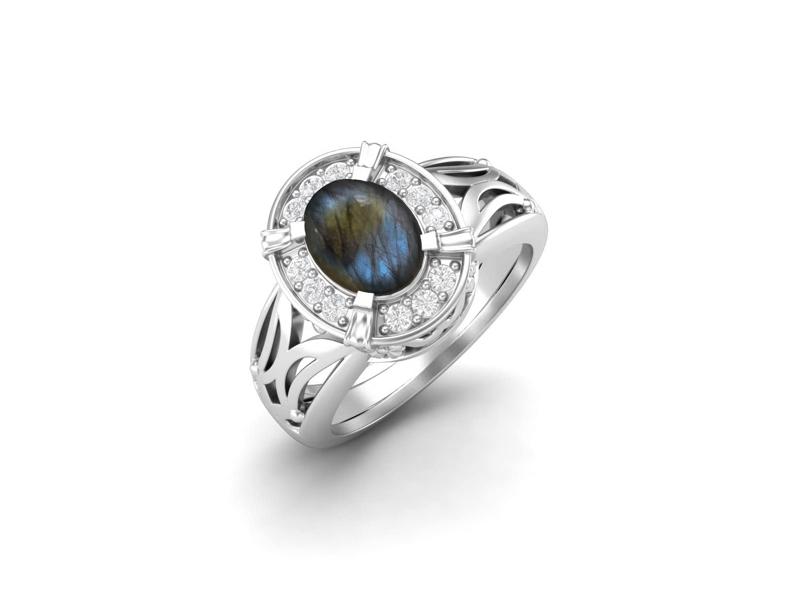 MOONEYE 8x6mm Natural Oval Shape Labradorite 925 Sterling Silver Filigree Celtic Solitaire Women Ring (Sterling Silver, 5)