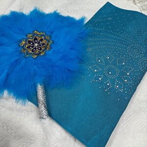 Msbfea Sky Blue Feather Fan with ASO Oke Headtie Matching for Ladies Wedding Party Nigerian Style Fan Design African - ASO Fan Color 238