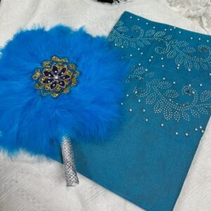 Msbfea Sky Blue Feather Fan with ASO Oke Headtie Matching for Ladies Wedding Party Nigerian Style Fan Design African - ASO Fan Color 238