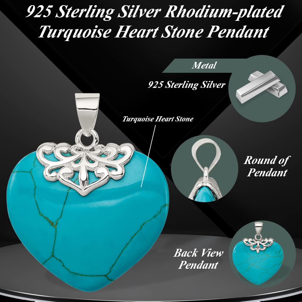 Auriga Fine Jewelry 925 Sterling Silver Turquoise Heart Stone Pendant (L- 33 mm, W- 28 mm) Gift for Women