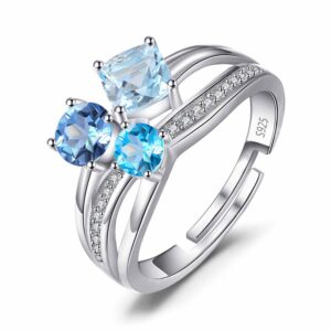 jewelrypalace infinity 1.7ct 3 stones genuine multicolor london blue topaz rings for her, 14k white gold 925 sterling silver adjustable open ring for women, natural gemstone jewelry sets