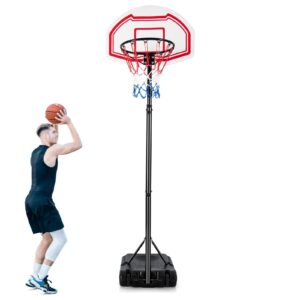 gymax basketball hoop, outdoor indoor 5.2-6.9 ft adjustable basketball goal with spare net, shatterproof backboard, 2 wheels, portable basketball stand system for kids teens adults, gym court driveway