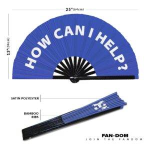 How Can I Help? hand fan foldable bamboo circuit hand fan funny gag slang words expressions statement gifts Festival accessories Rave handheld Circuit event fan Clack fans (Blue)