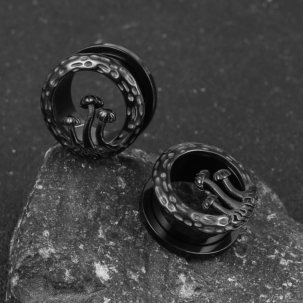 LADEMAYH 2Pcs Elegant Mushroom 5/8 Gauges for Ears, Black 16mm Gauges for Women, 5/8 Plugs for Ears, Surgical Steel 5/8 Ear Gauges Saddle Tunnels Earrings