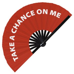 take a chance on me hand fan foldable bamboo circuit hand fan funny gag slang words expressions statement gifts festival accessories rave handheld circuit event fan clack fans (red)