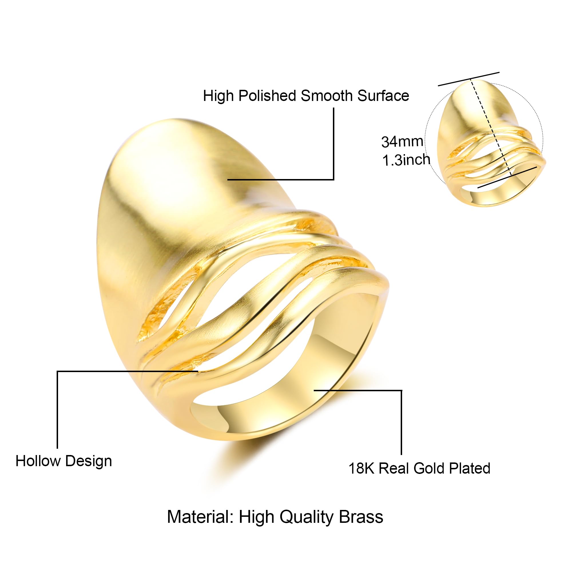 Aprilery Gold and Silver Rings for Women, Fashion 18K Gold Plated Chunky Statement Ring Band Dome Mask Design Cocktail Costume Jewelry for Her (Gold - Mask, 8)