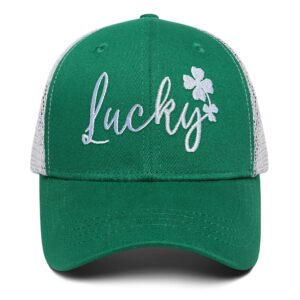 st patricks day embroidered trucker hat for men, luck adjustable washable green shamrock baseball cap