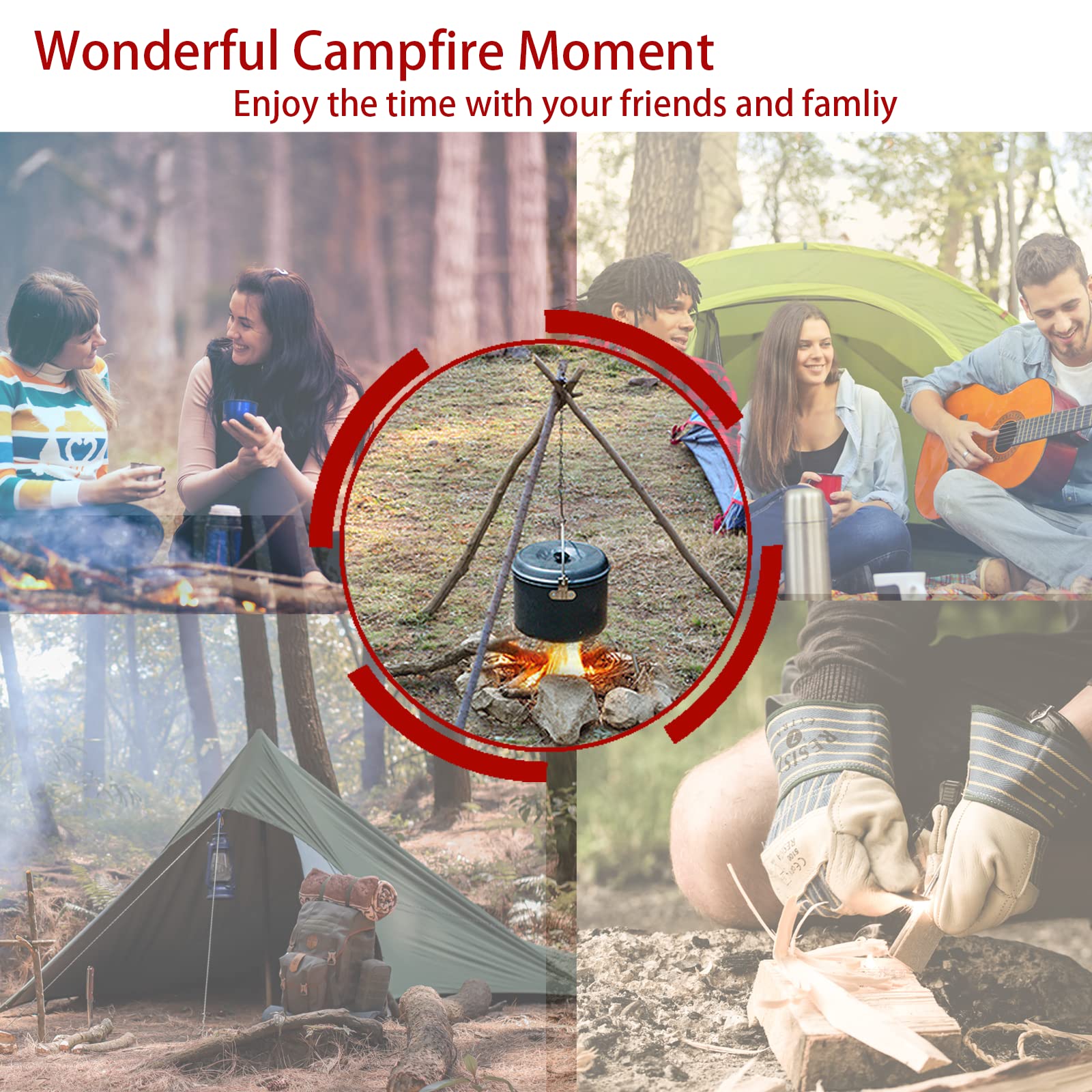 Camping Tripod Board Accessories - Turn Branches into Campfire Tripod for Cooking Portable Camping Gear with Adjustable Chain Camp Grill Accessories Stainless Steel Picnic Hiking Black