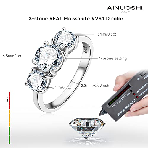 AINUOSHI 2-4CT Moissanite Engagement Ring, 3-stone Wedding Band for Women 925 Sterling Silver Round Cut Diamond Anniversary Promise Rings for Her Christmas Gift, Jewelry Box Packed With Certificate