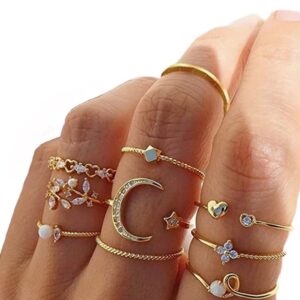 NORLSO Gold Stacking Rings for Women Fashion Style Gold Rings Set Butterfly Knuckle Rings Snake Rings Moon Star Rings Heart Stacking Rings