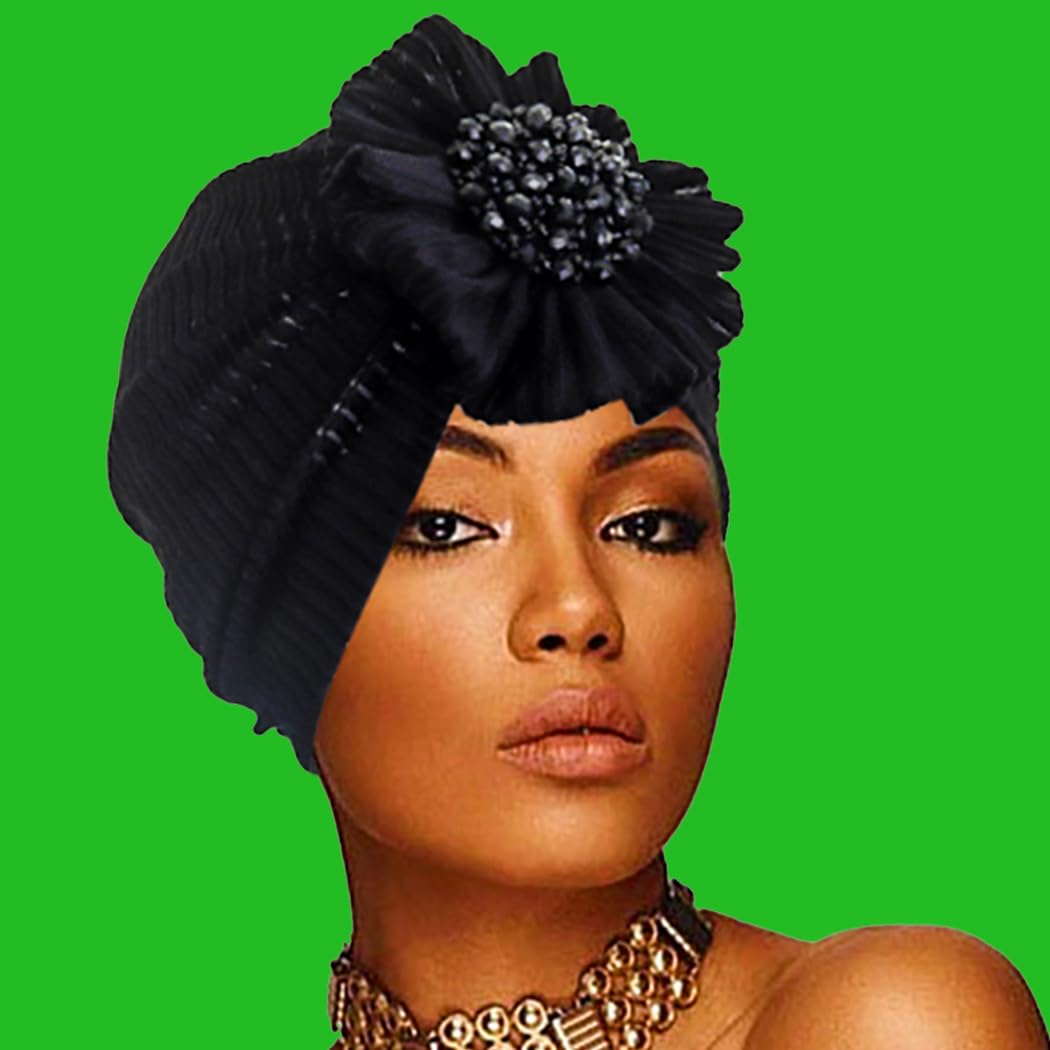 Urieo Women Turban Flower Caps Knot Pre-tie Beanie Head Wrap Black Headwrap Hat