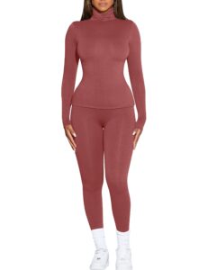 vasauge women's thermal underwear turtleneck long johns base layer cold weather sets, x-large, dark pink