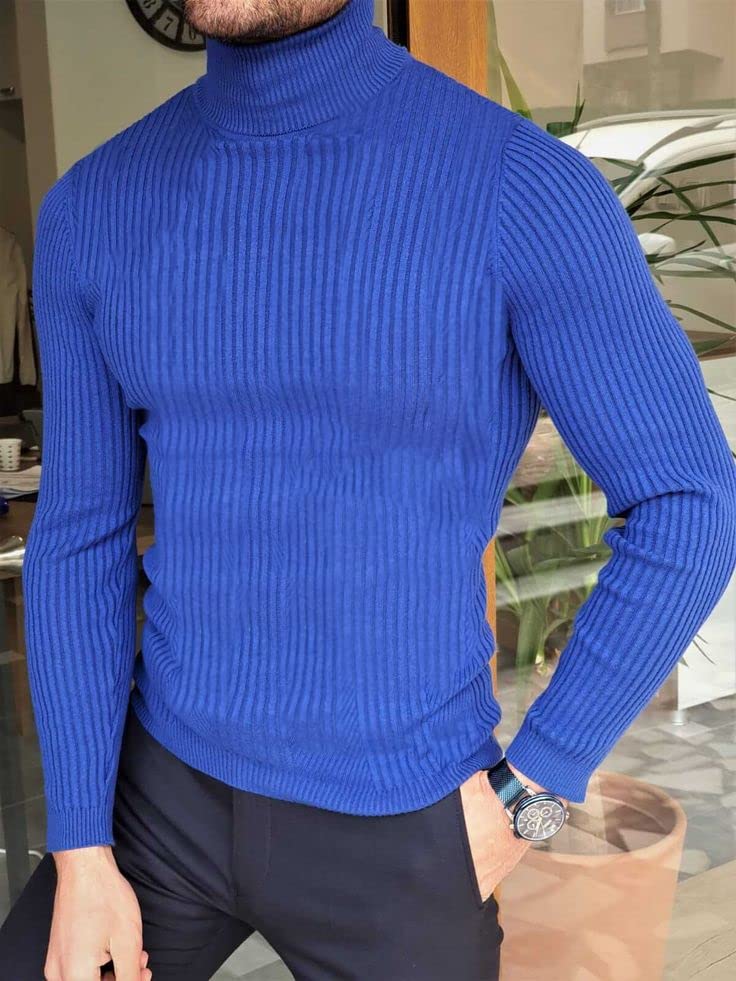 TURETRENDY Men's Stretch Muscle Tshirts Turtleneck Long Sleeve Knit Tees Casual Slim Fit Basic Shirt Tops Royal Blue 2XL