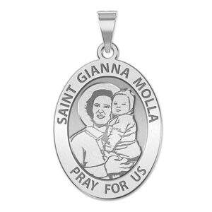 picturesongold.com saint gianna beretta molla oval religious medal - 2/3 x 3/4 inch size of nickel, sterling silver with engraving