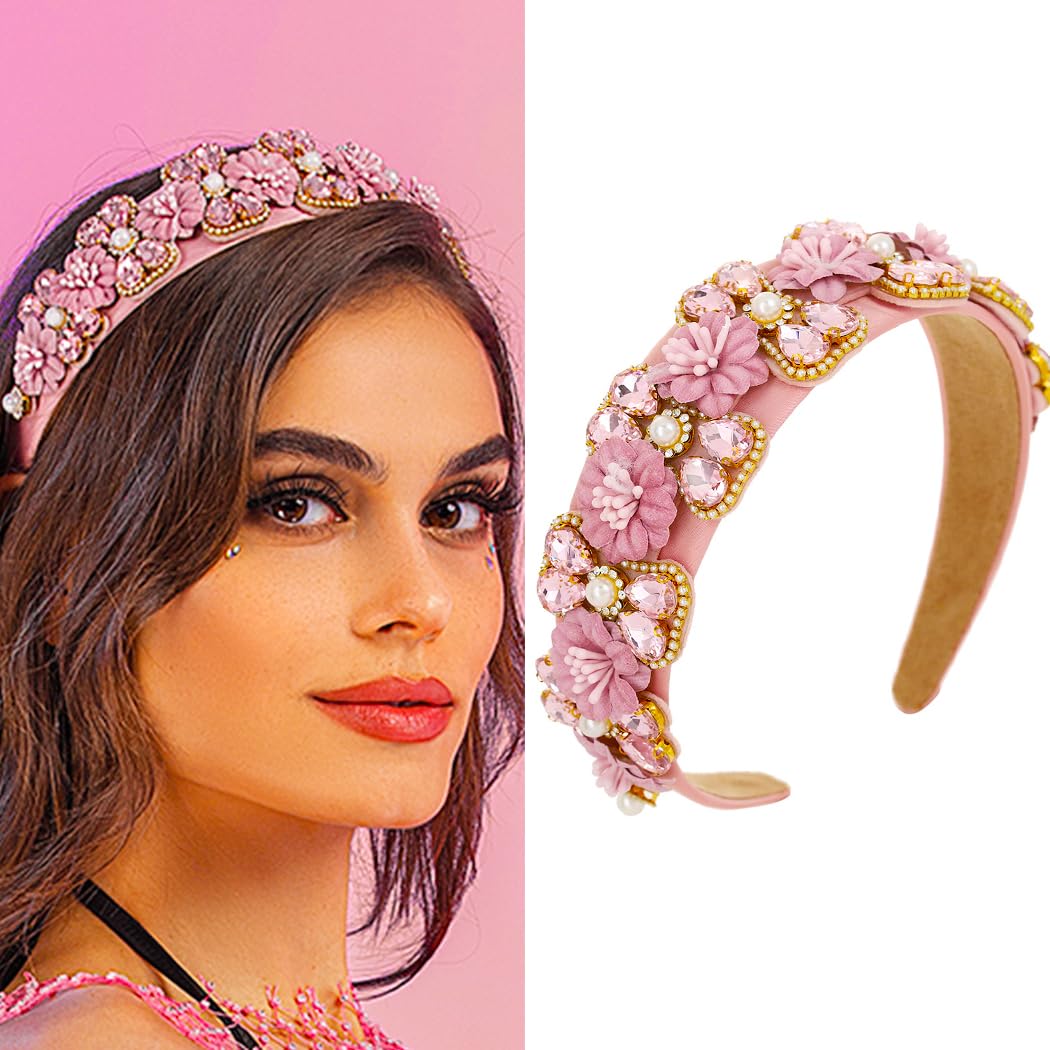 Urieo Crystal Embellished Hairbands Pink Rhinestone Baroque Headband Bejeweled Wide Head Band Party Wedding Hair Accessories for Women (pink)