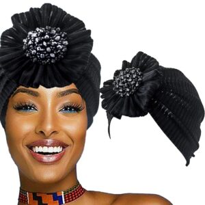 urieo women turban flower caps knot pre-tie beanie head wrap black headwrap hat