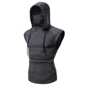 jsfoiryrou mens workout hooded tank top with mask gym muscle cut off short sleeves t shirt hoodies active base layer top vest (gray,large)