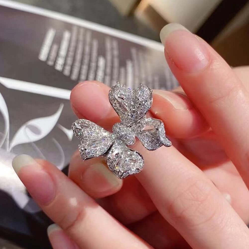 Uilita Cute Rings For Women 18K White Gold Plated Bow Cute Ring Open Size Anillos De Acero Inoxidable Para Mujer Joyas (D)